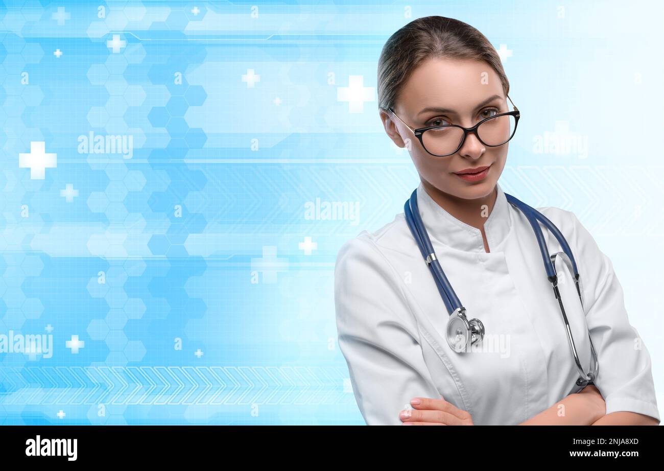 Female doctor on blue and white futuristic medical or biotech ...