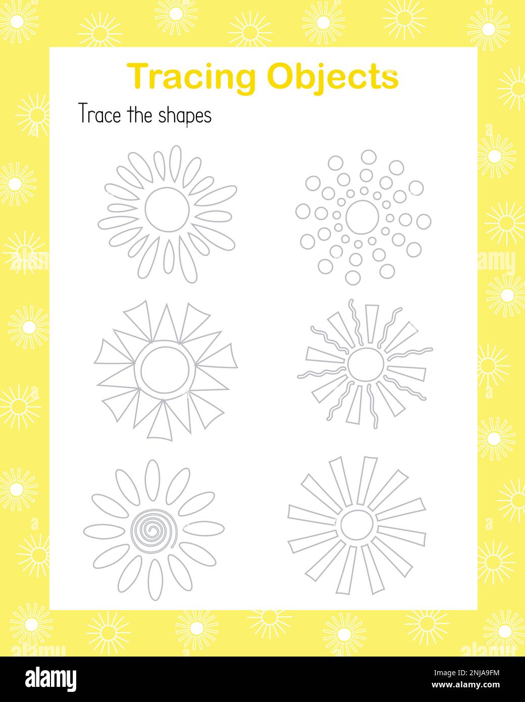 Tracing sun linear images handwriting practice vector illustration ...