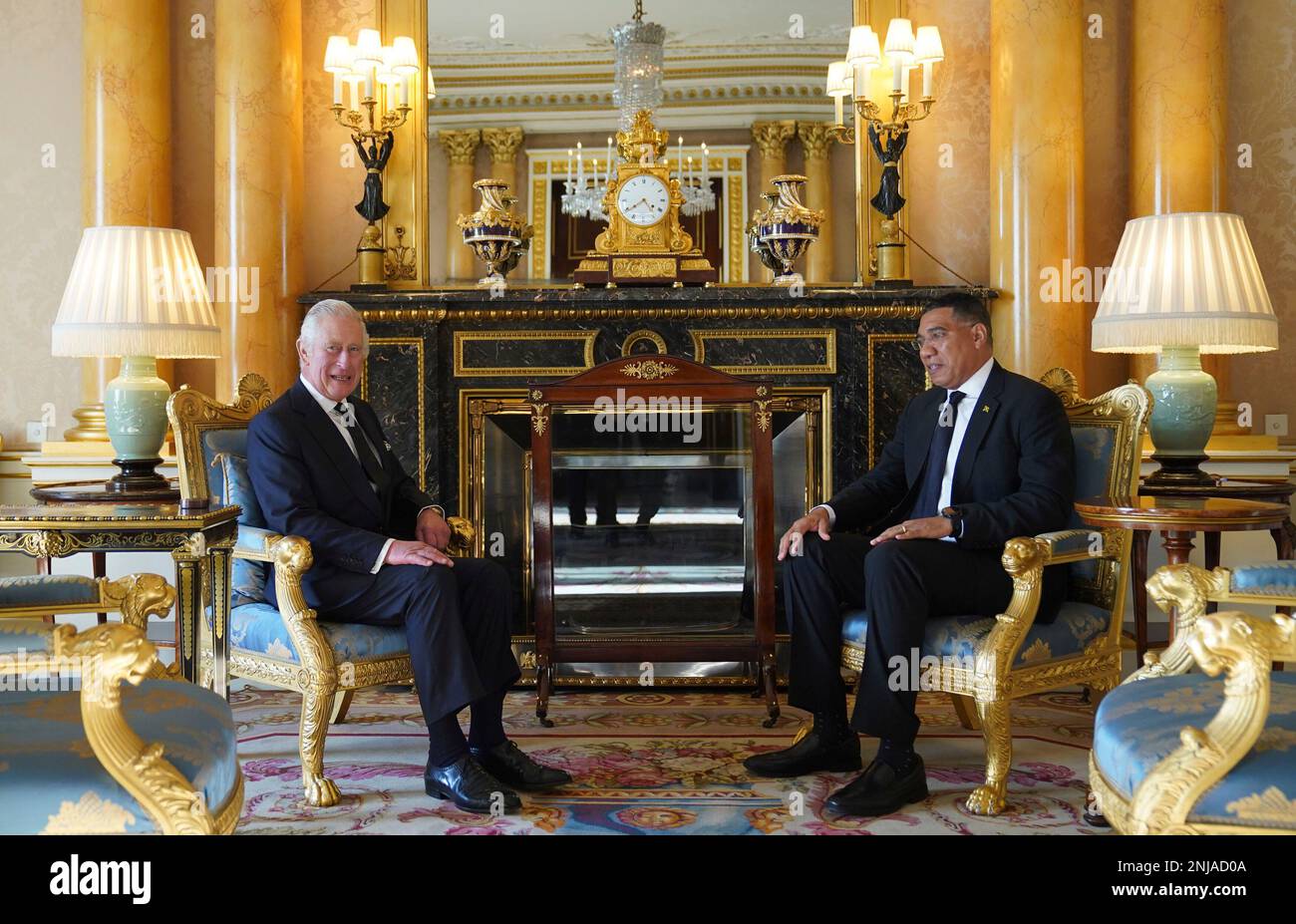 Britain's King Charles III speaks with Prime Minister of Jamaica Andrew ...