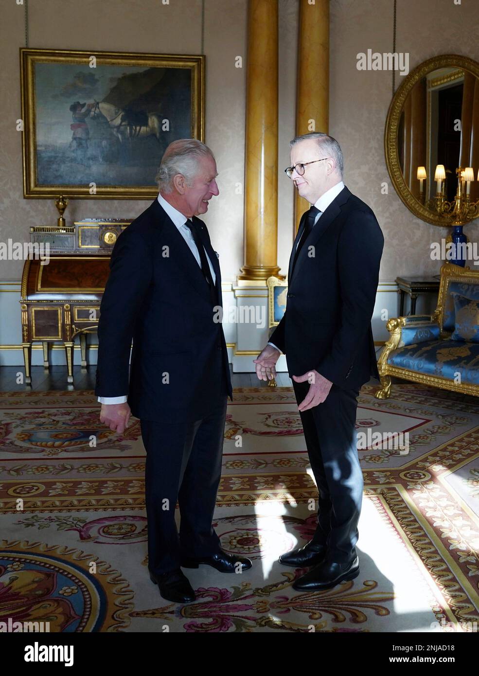 Britain's King Charles III speaks with Prime Minister of Australia Anthony Albanese, as he ...