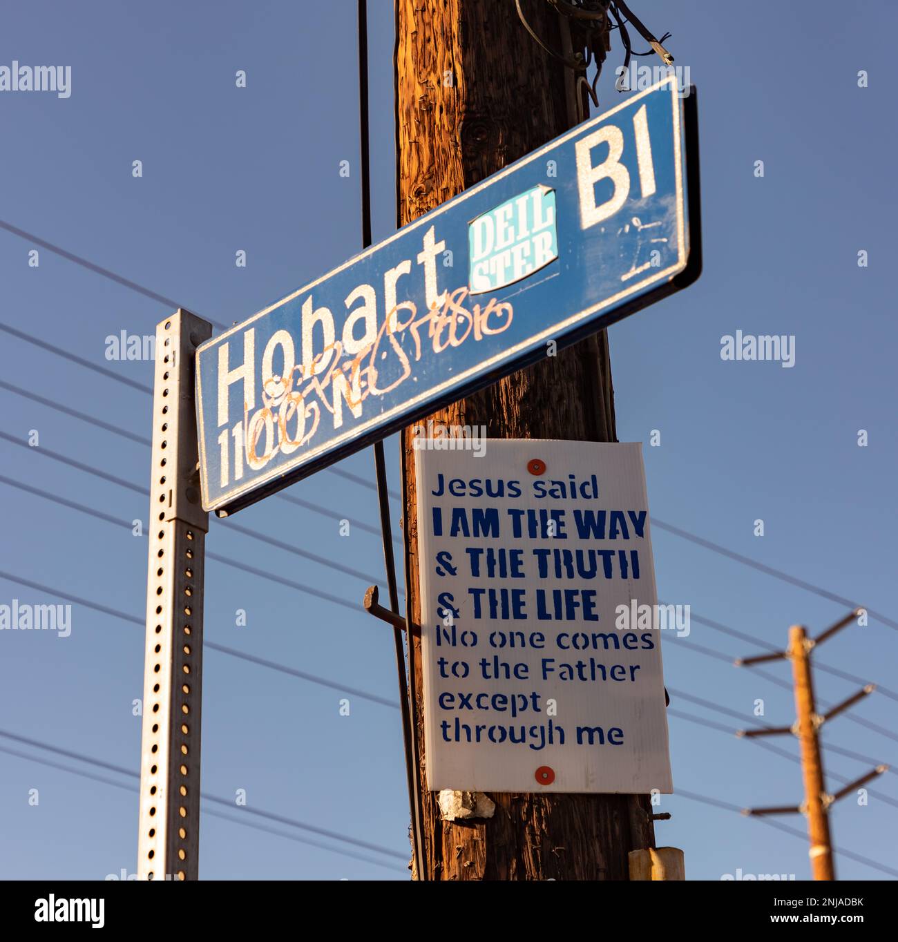 A picture of a religious message on a utility pole on Hobart Boulevard ...