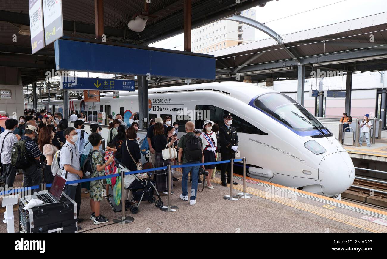 Tilting train is unveiled on JR Sasebo Line at Sasebo Station in Sasebo ...