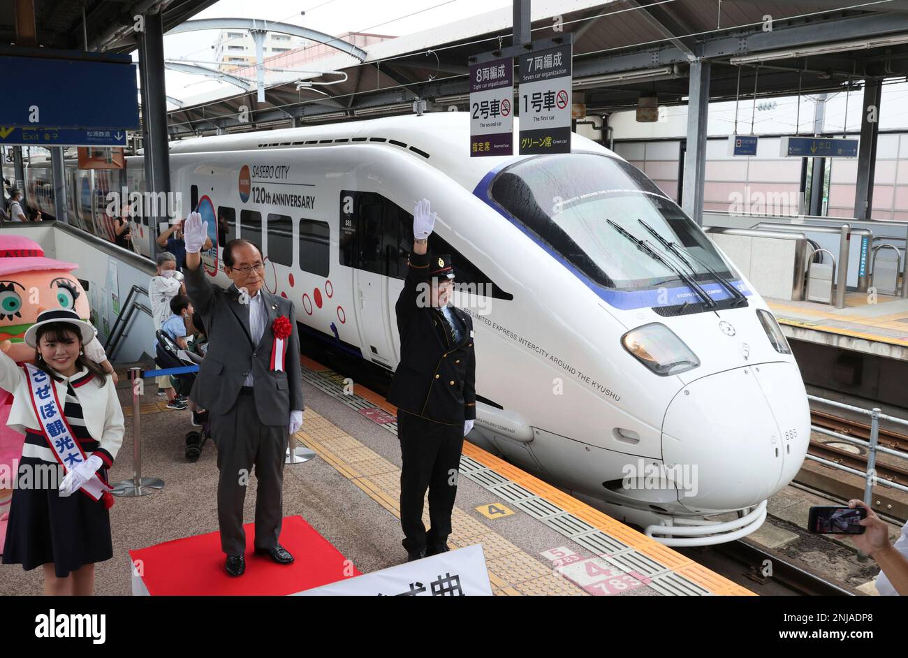 Tilting train is unveiled on JR Sasebo Line at Sasebo Station in Sasebo ...