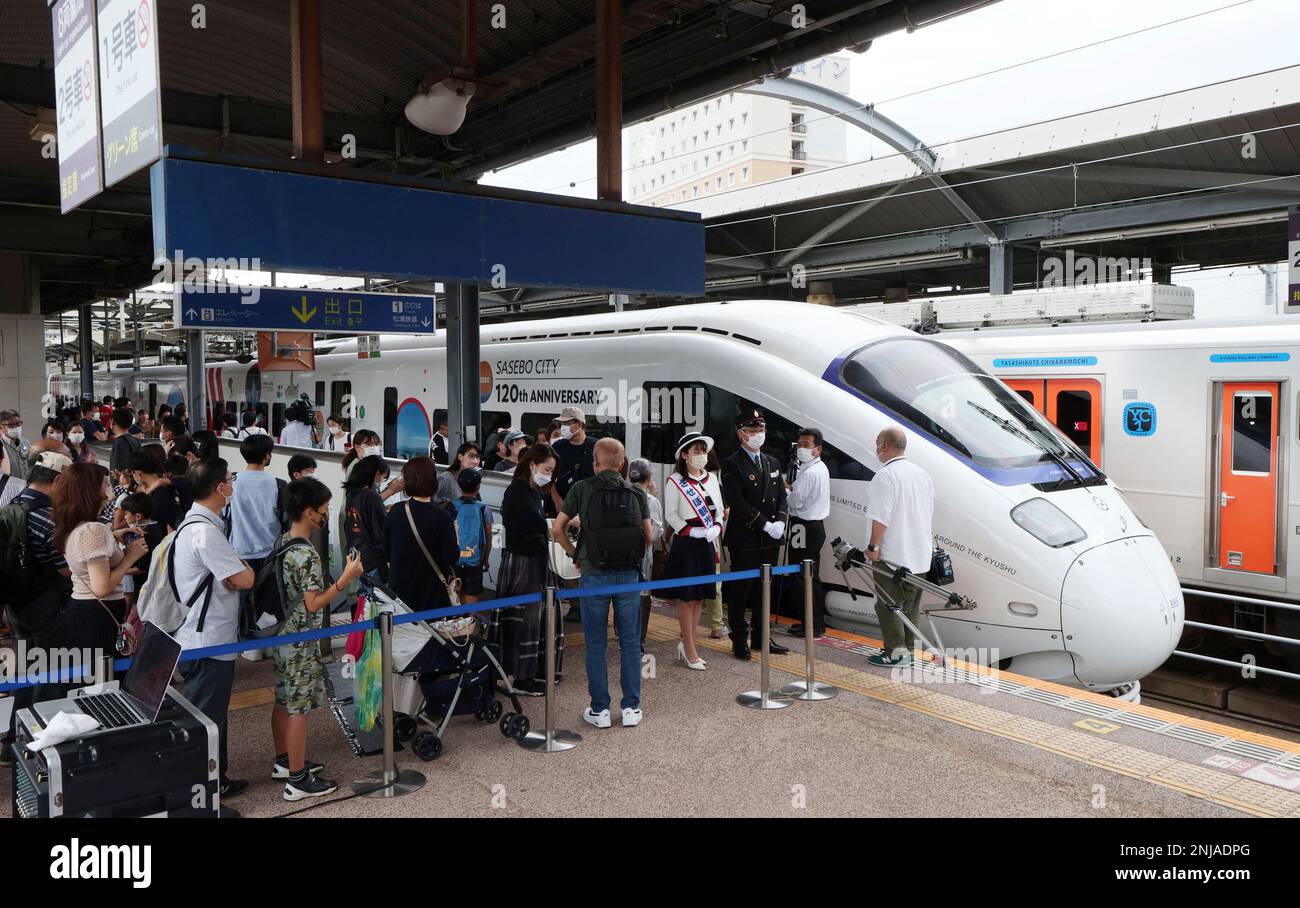 Tilting train is unveiled on JR Sasebo Line at Sasebo Station in Sasebo ...