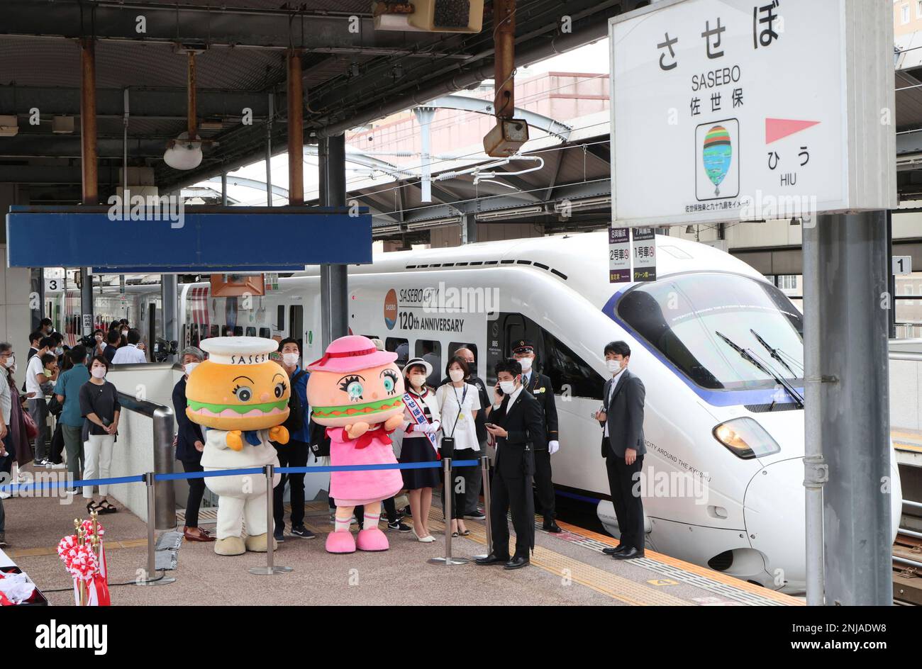 Tilting train is unveiled on JR Sasebo Line at Sasebo Station in Sasebo ...