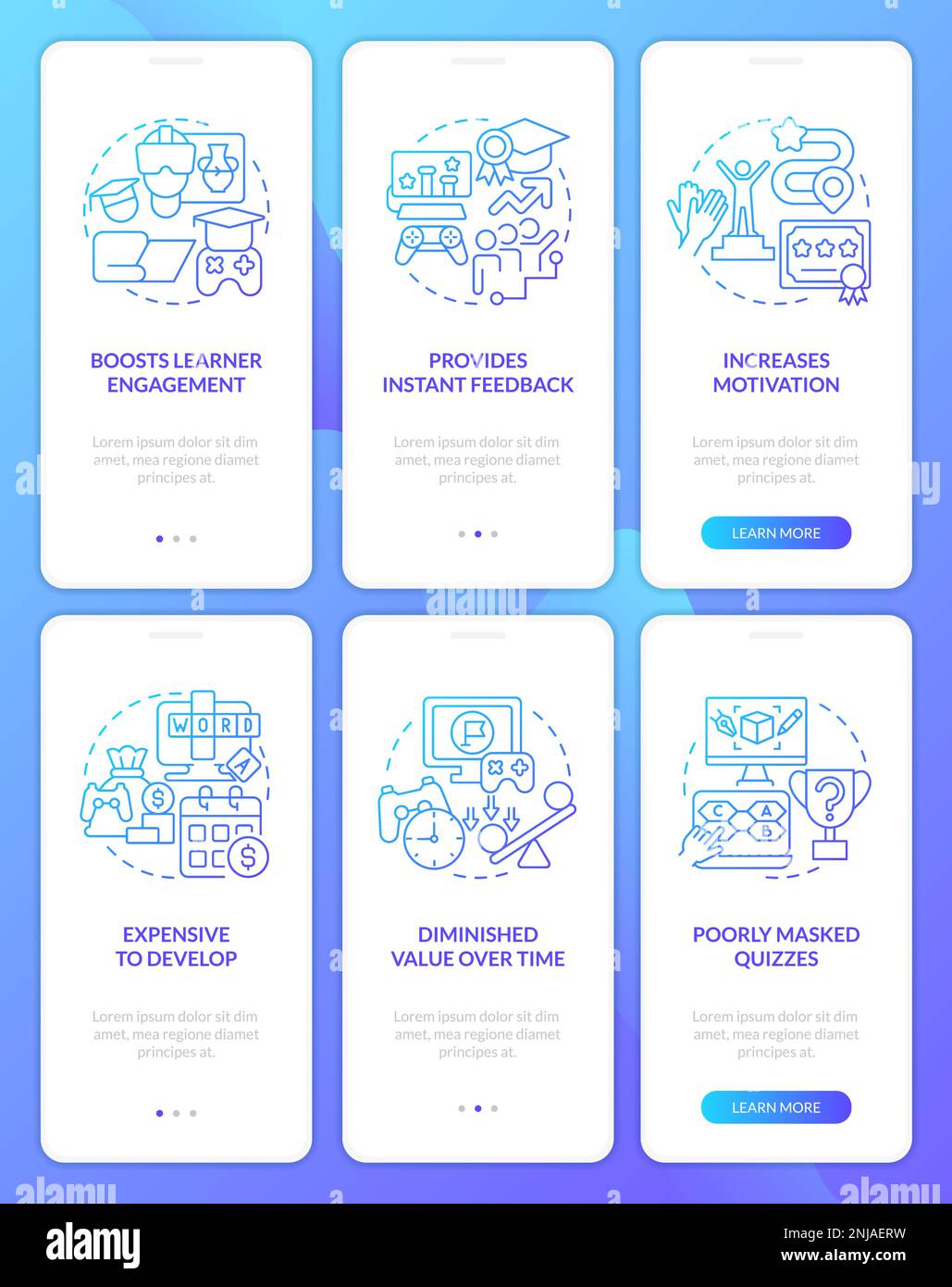 Gamification Pros And Cons Blue Gradient Onboarding Mobile App Screens