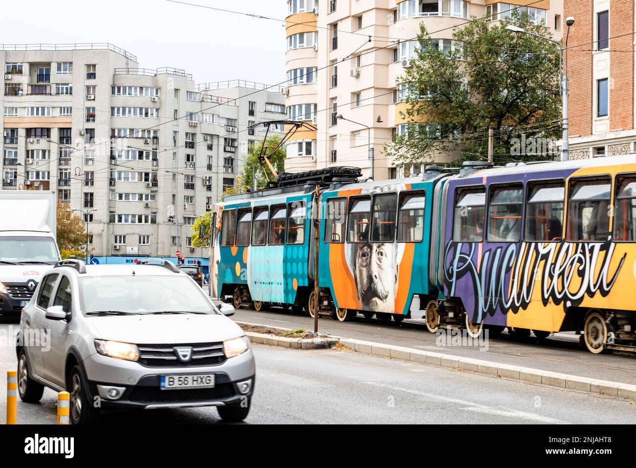 Car traffic at rush hour, car pollution, traffic jam in Bucharest ...