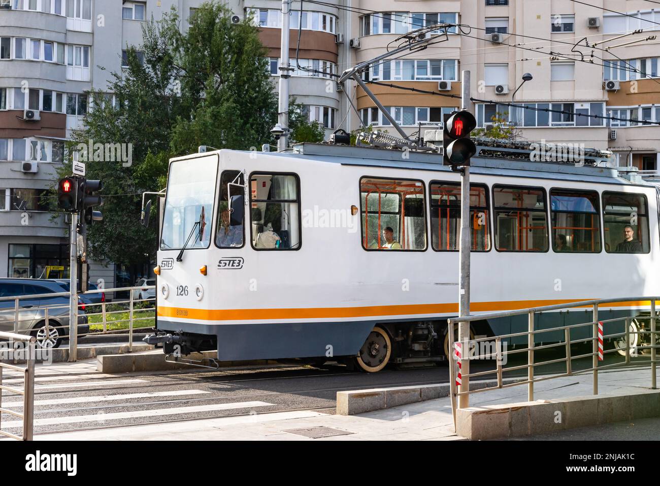 Tram in traffic. Public transport Bucharest, Romania, 2022 Stock Photo ...