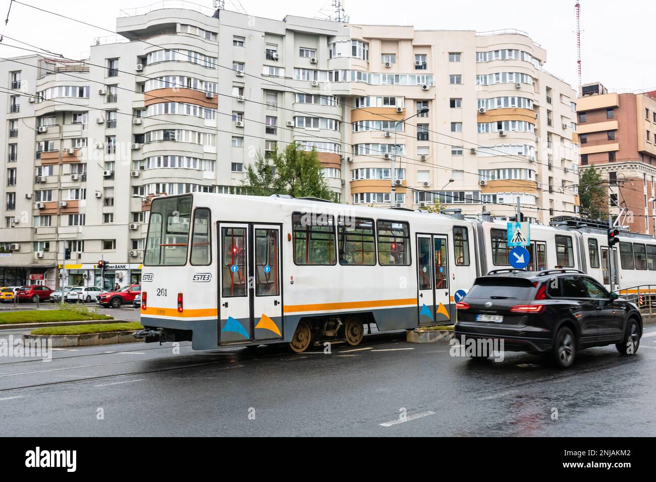 Tram in traffic. Public transport Bucharest, Romania, 2022 Stock Photo ...