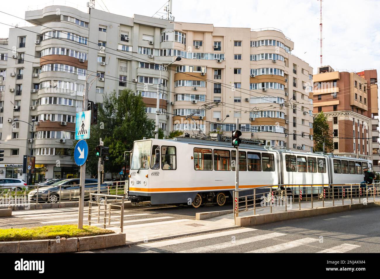 Tram in traffic. Public transport Bucharest, Romania, 2022 Stock Photo ...