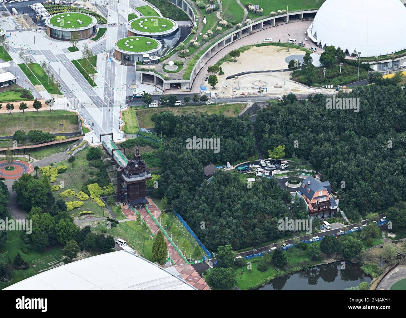 An aerial photo shows Ghibli Park under construction in Nagakute City ...