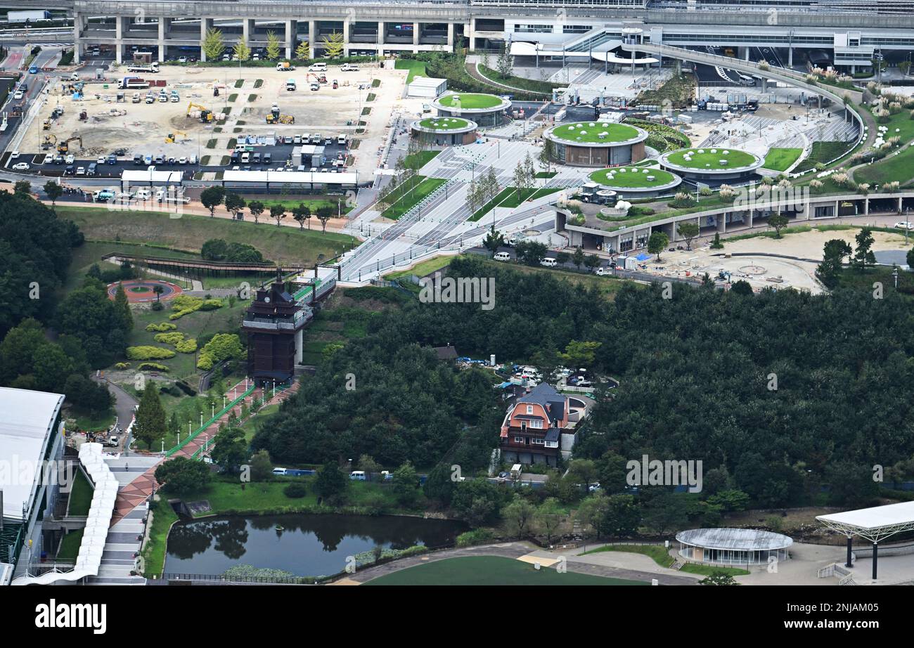 An aerial photo shows Ghibli Park under construction in Nagakute City ...