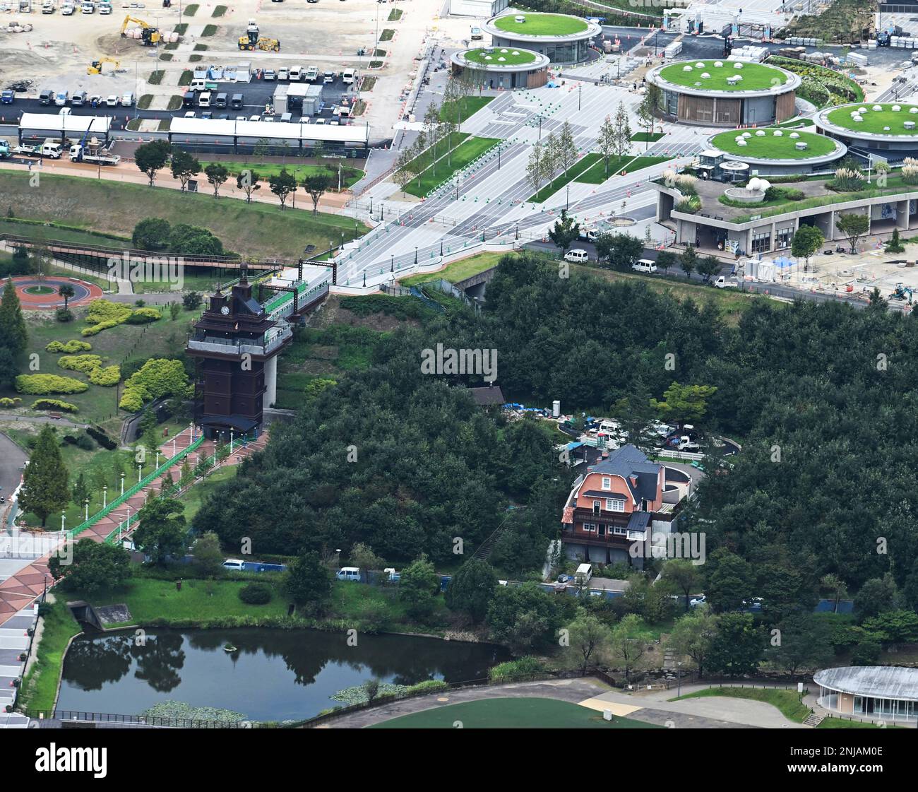 An aerial photo shows Ghibli Park under construction in Nagakute City ...