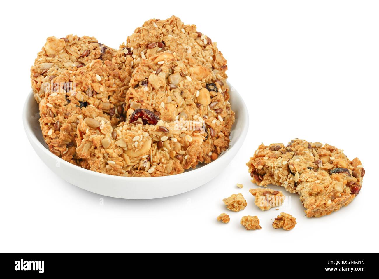 Granola cookie in ceramic bowl isolated on white background with full ...