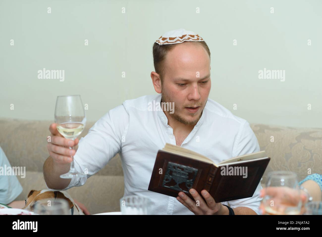 Young bearded man with wine in the glass reading Haggadah. Jewish ...