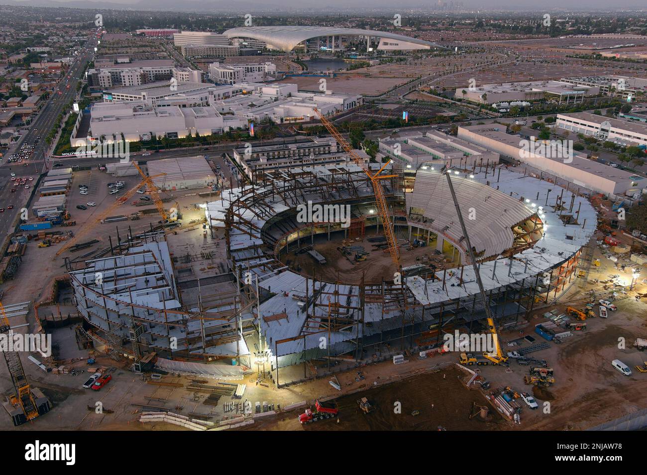 A general overall aerial view of the Intuit Dome construction site with ...