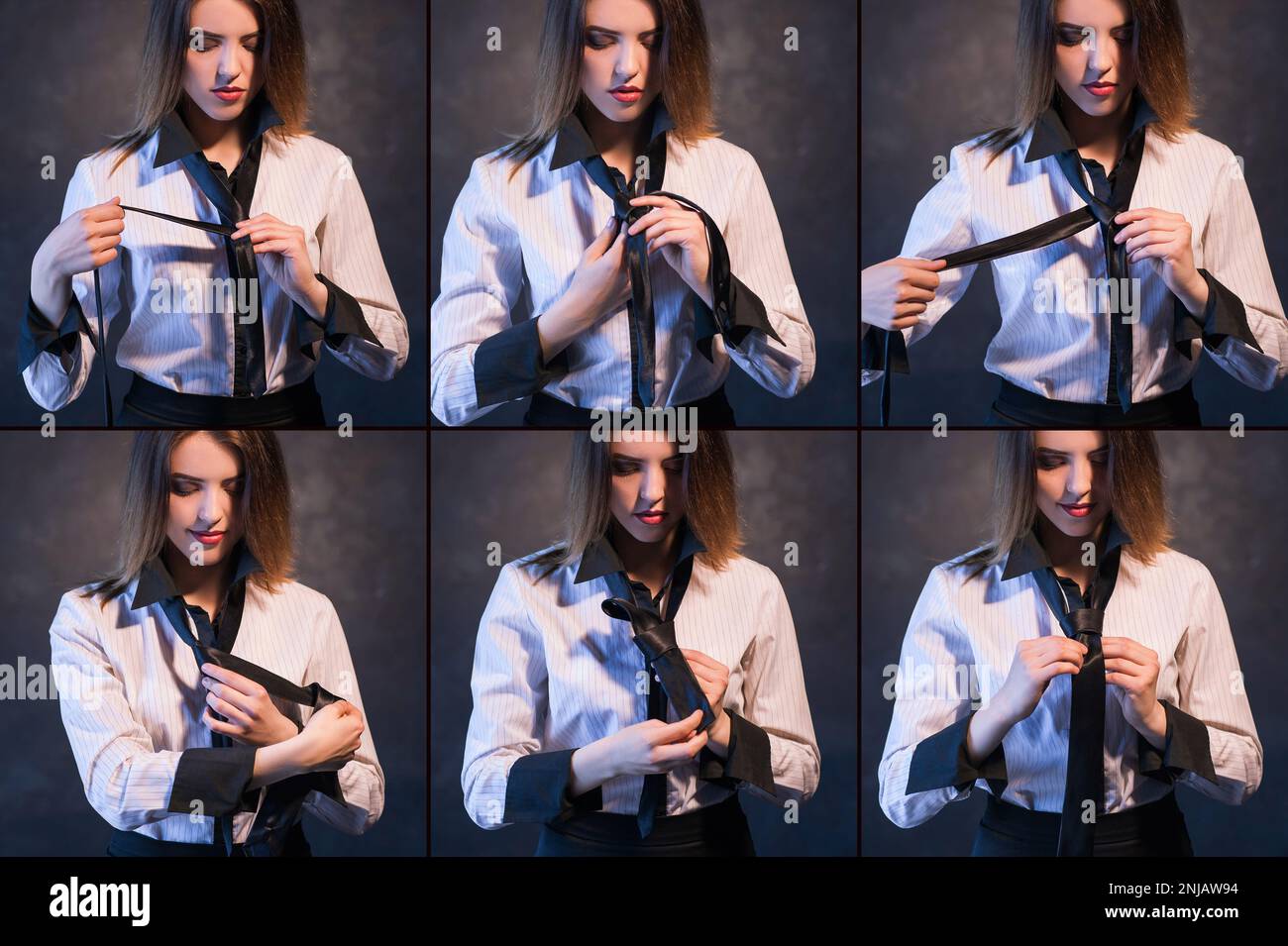 woman knot tie helpful tutorial photo set process Stock Photo - Alamy
