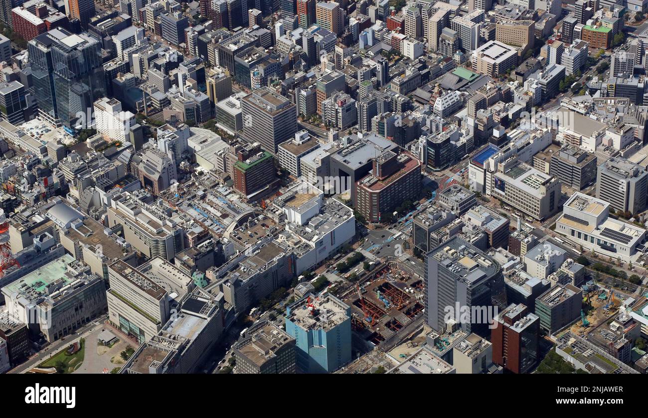 An aerial photo shows the townscape of Tenjin district in Fukuoka City ...