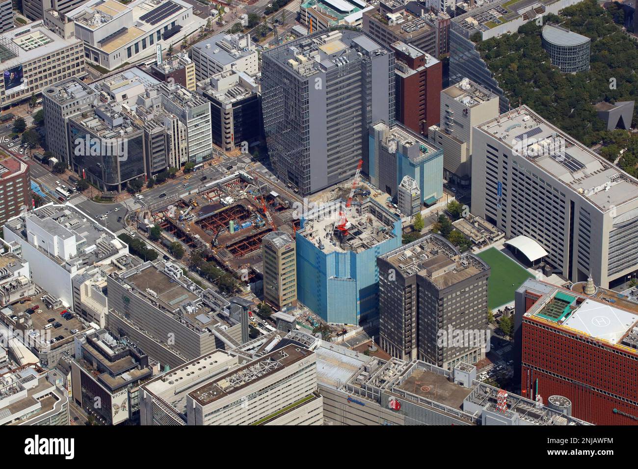 An aerial photo shows the townscape of Tenjin district in Fukuoka City ...
