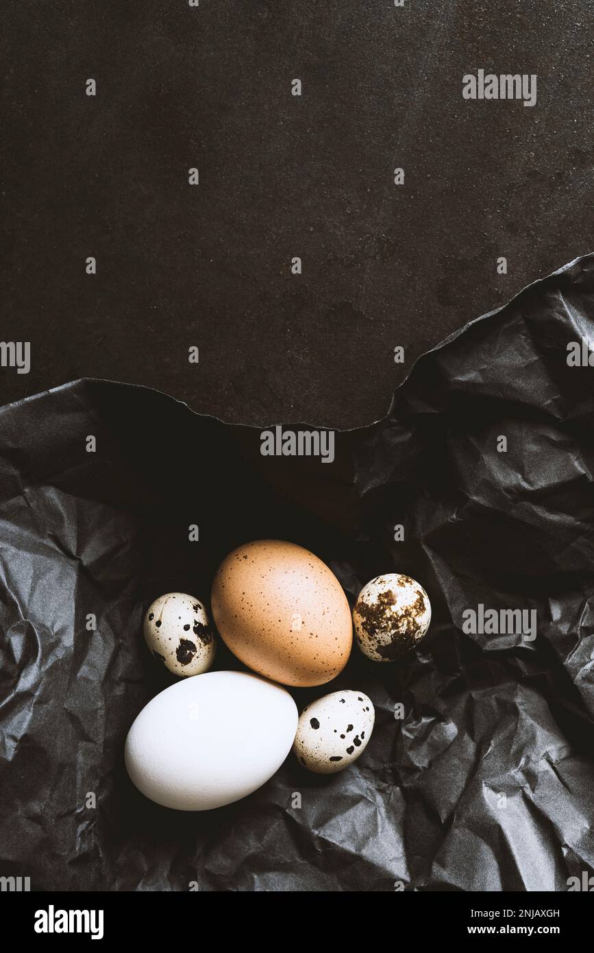 Chicken eggs and quail eggs wrapped in black wrapping paper on black ...