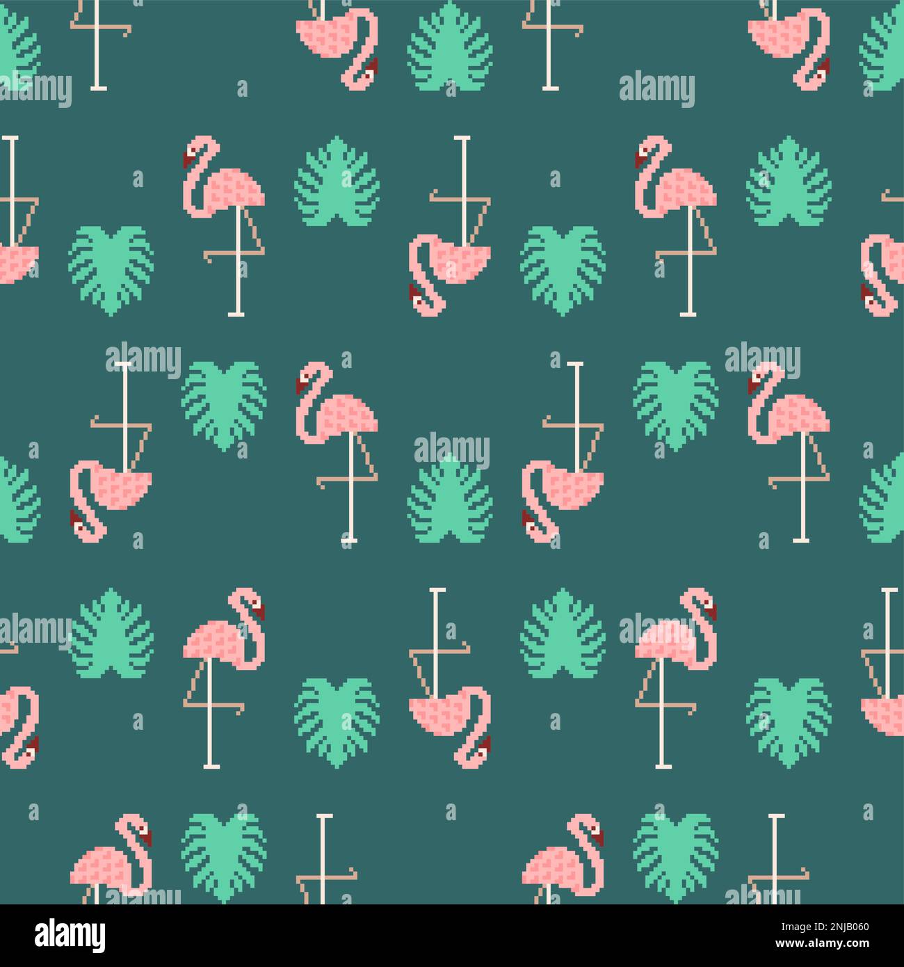 Pink flamingo pixel art pattern seamless. 8 bit water bird with pale ...