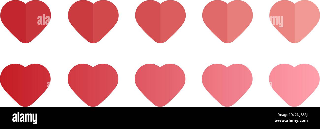 Valentine's day rose pink and red gradient hearts set isolated on white ...