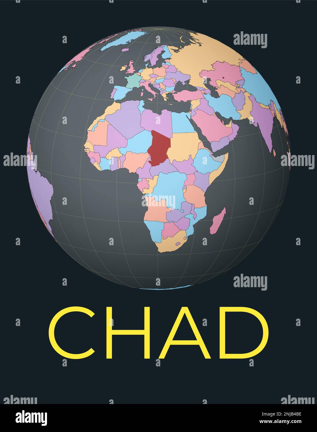 World map centered on Chad. Red country highlighted. Satellite world ...