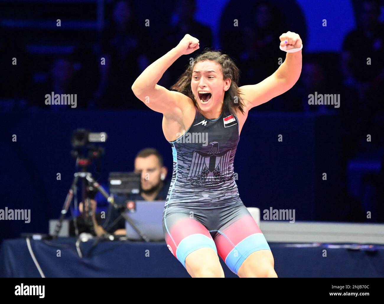 Samar Amer Ibrahim HAMZA of Egypt reacts afte winning Semifinal of the Women's wrestling 76 kg ...