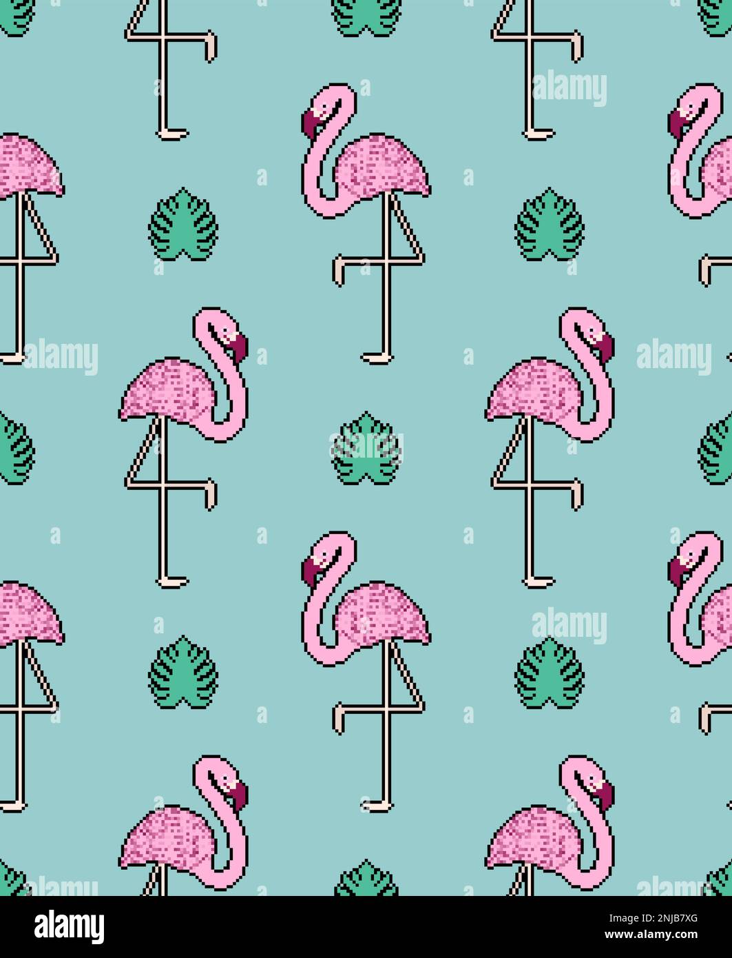 Pink flamingo pixel art pattern seamless. 8 bit water bird with pale ...