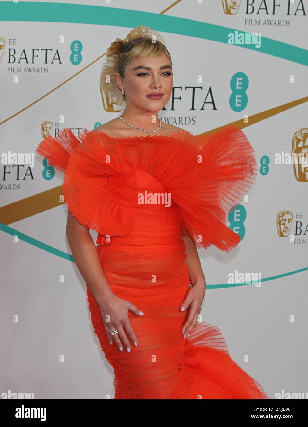 London, UK. Florence Pugh at the EE BAFTA Film Awards 2023 at The Royal Festival Hall on ...