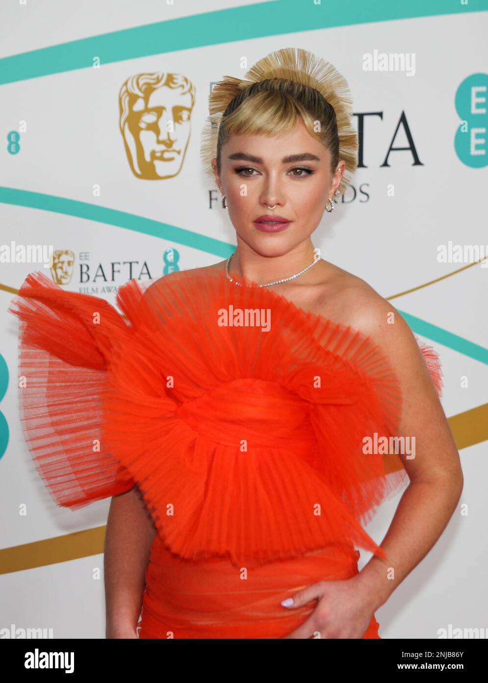 London, UK. Florence Pugh at the EE BAFTA Film Awards 2023 at The Royal Festival Hall on ...