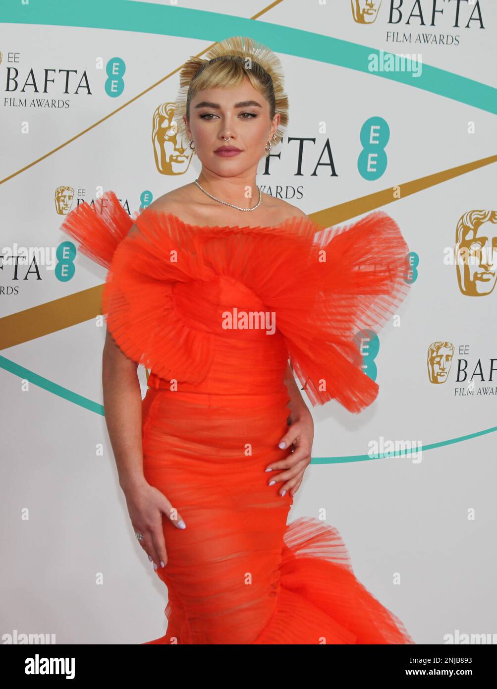 London, UK. Florence Pugh at the EE BAFTA Film Awards 2023 at The Royal Festival Hall on ...