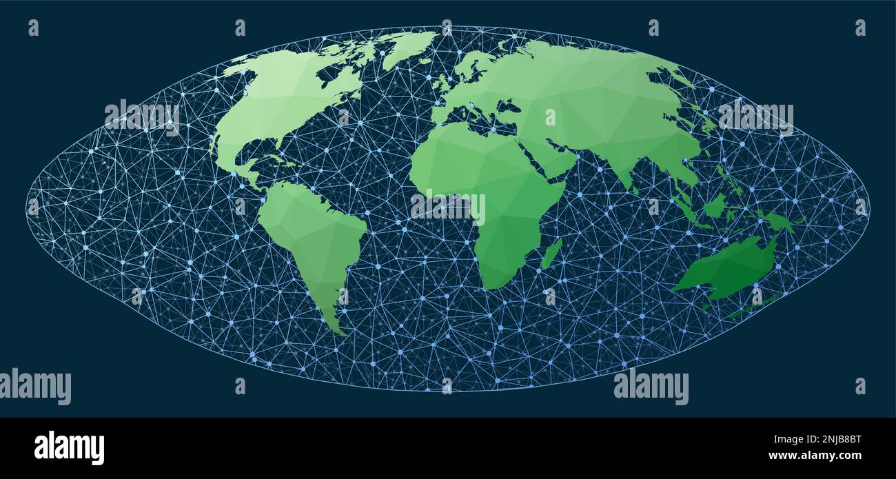 World map connection. Homolosine projection. Green low poly world map ...