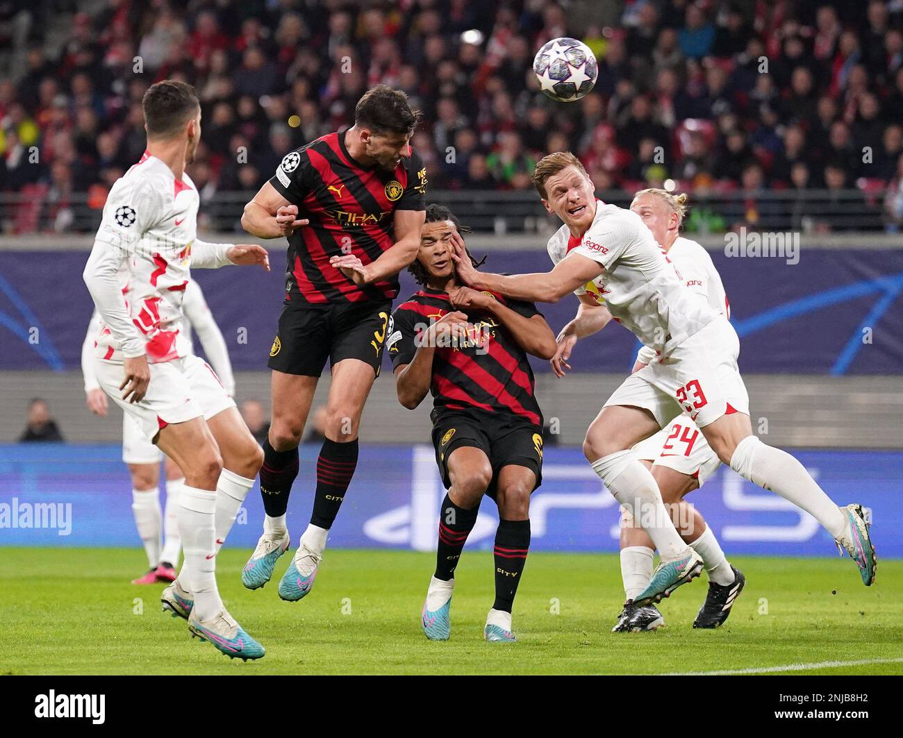 Manchester City's Ruben Dias heads at goal during the Champions League ...