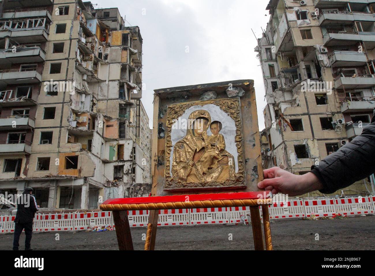 DNIPRO, UKRAINE - FEBRUARY 22, 2023 - An icon that was found unharmed under the rubble of the ...