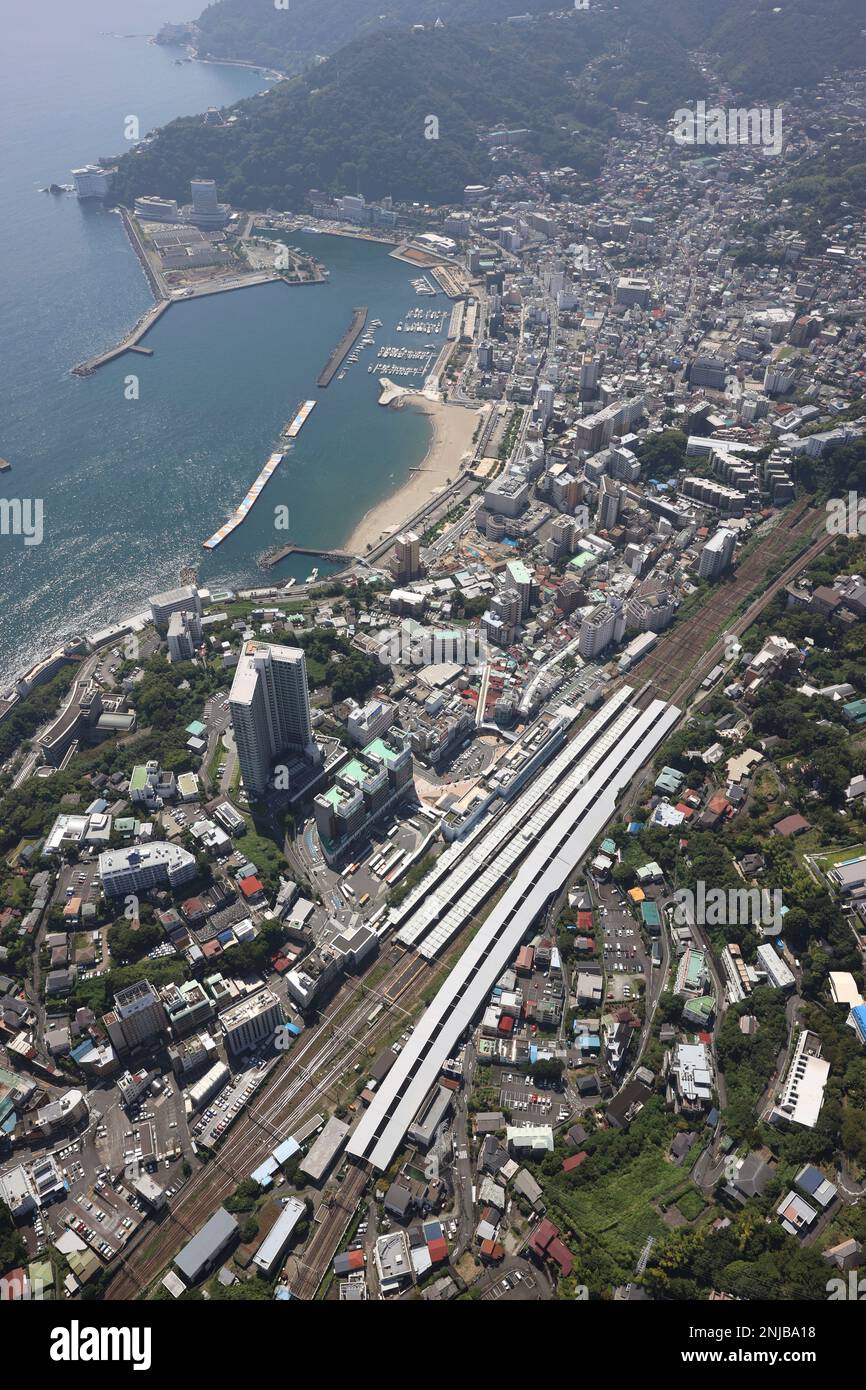 An aerial photo shows Atami Station and a spring resort area in Atami ...