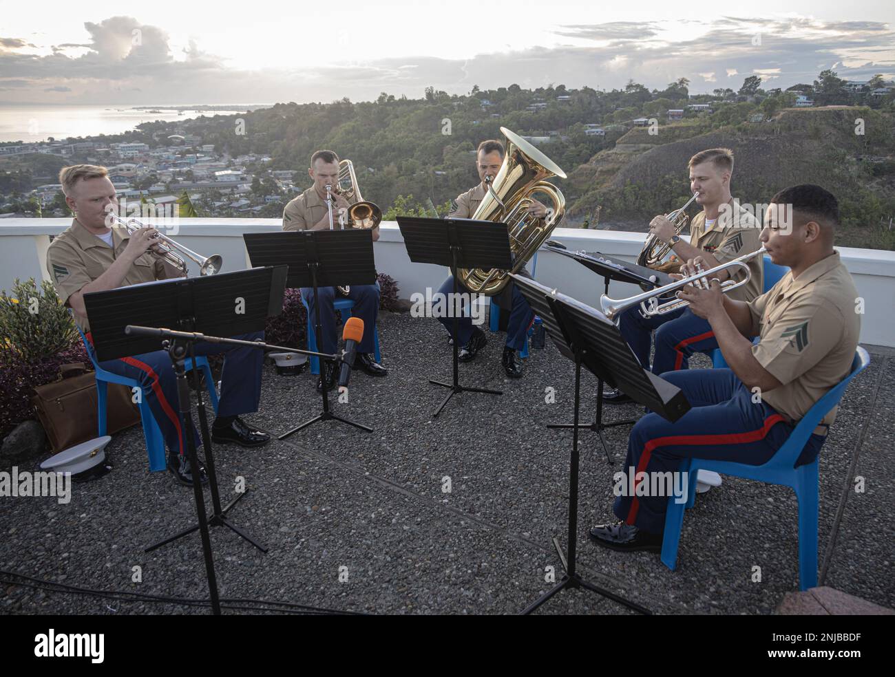 Members of the 1st Marine Division Band perform during a ceremony ...