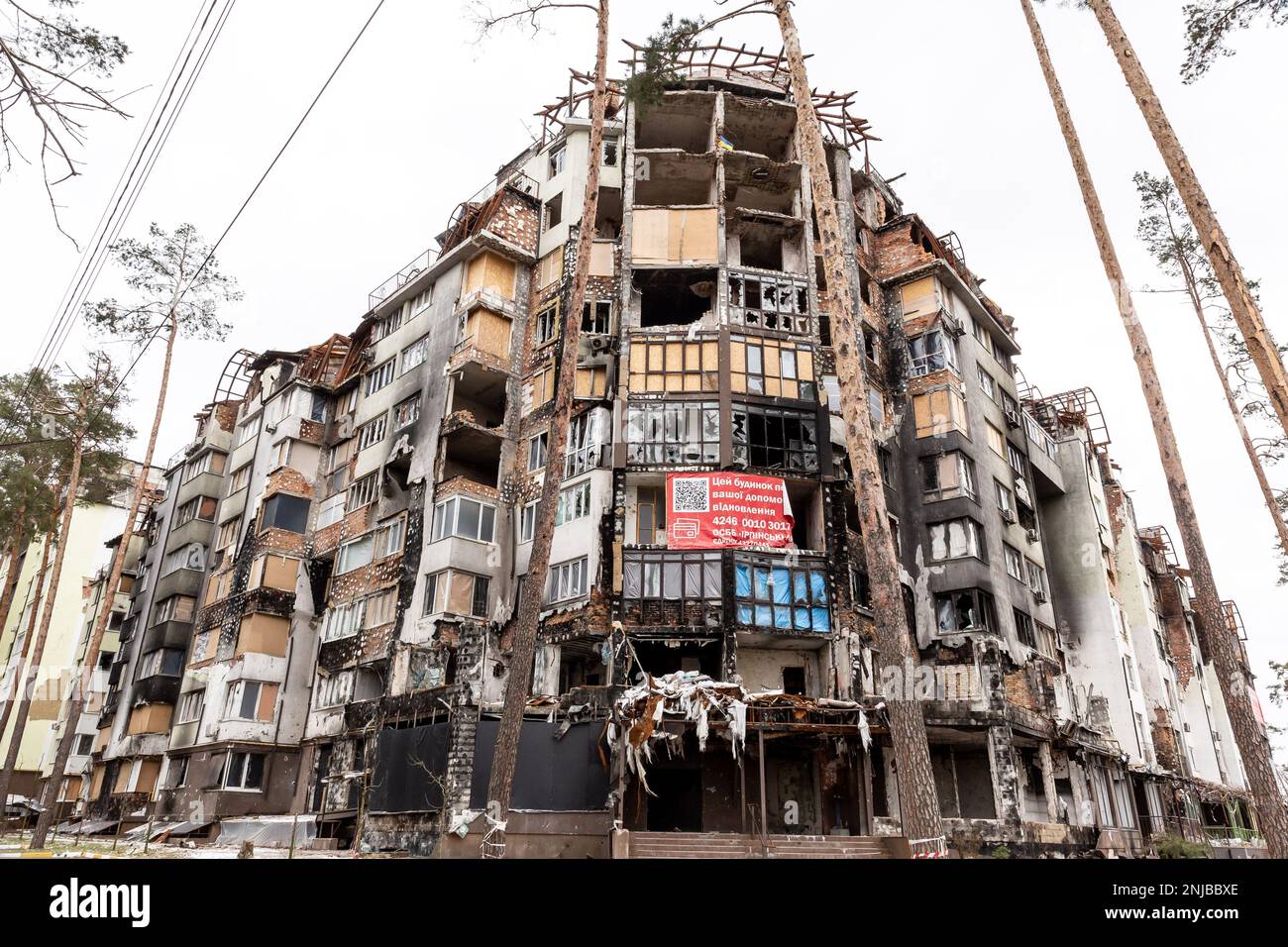 Irpin, Ukraine. 22nd Feb, 2023. A bombarded apartment building seen on ...