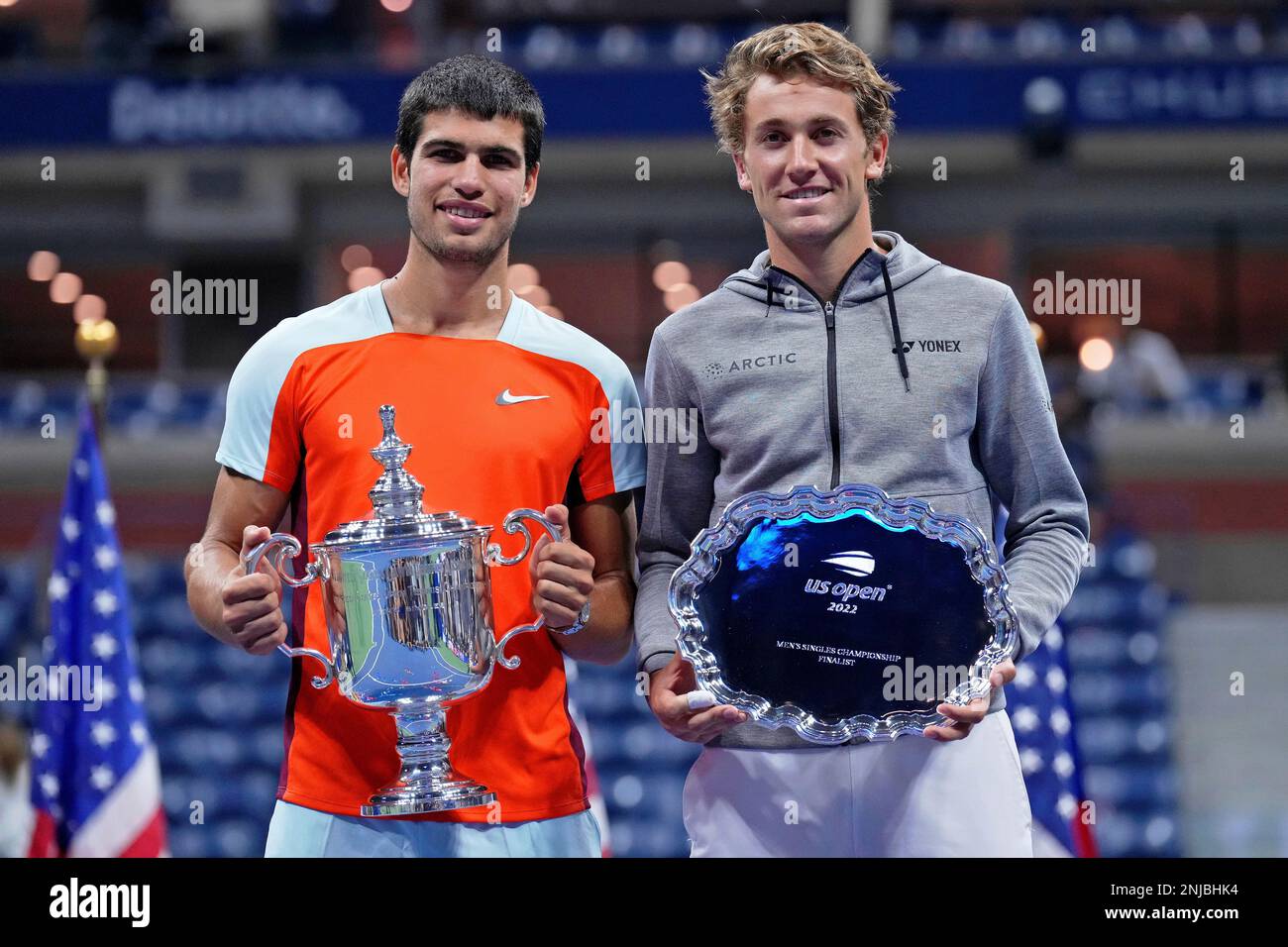 Carlos Alcaraz and Casper Ruud pose for a photo with their trophies ...