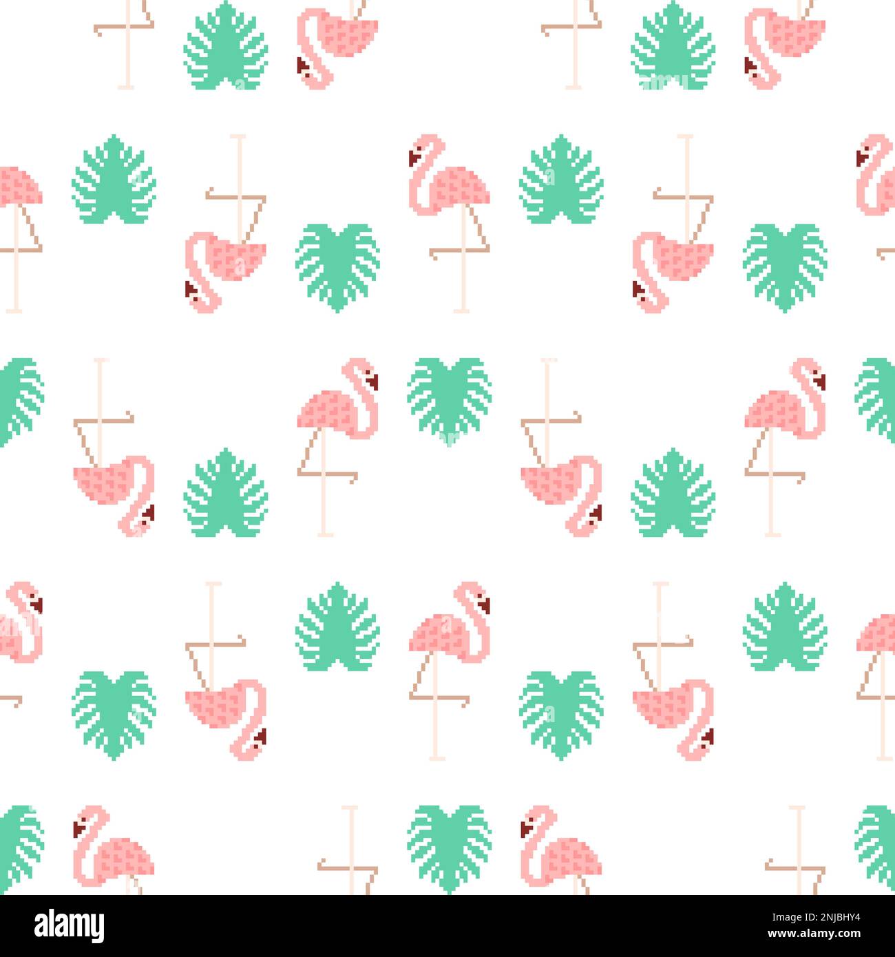 Pink flamingo pixel art pattern seamless. 8 bit water bird with pale ...