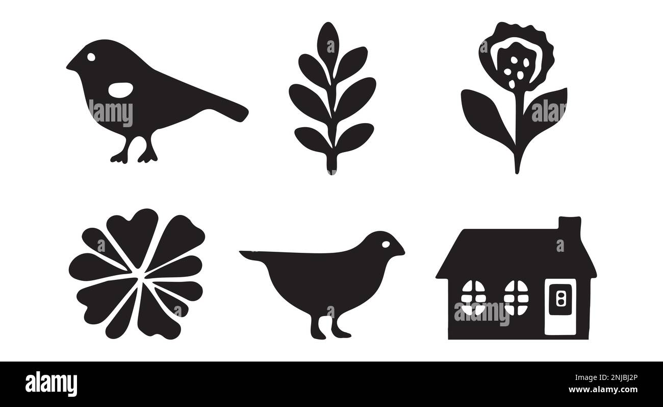 Collection of bird and yard vector illustration. Set of naive hand ...
