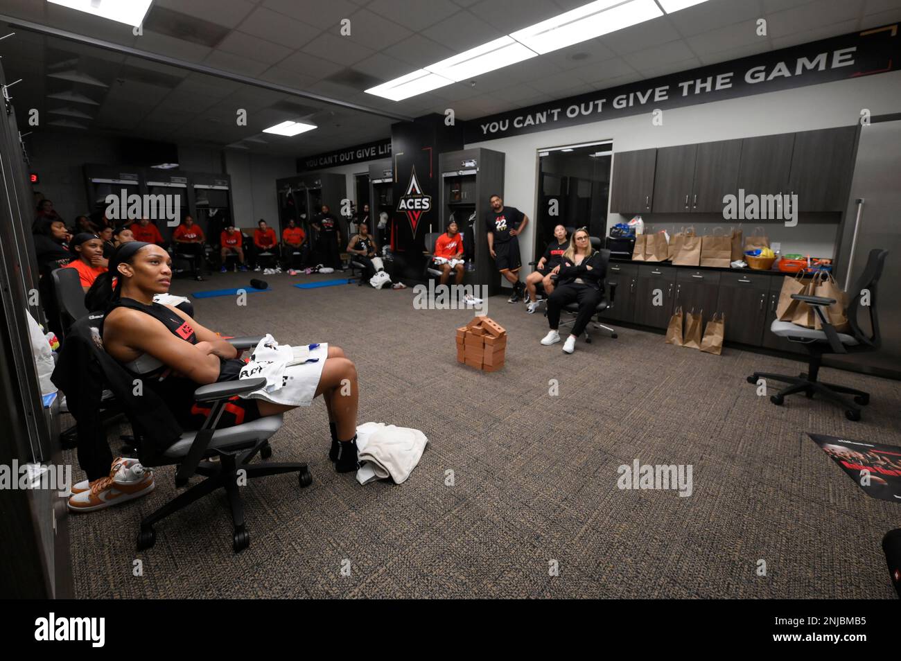 LAS VEGAS, NV - SEPTEMBER 11: The Las Vegas Aces sit in the locker room ...