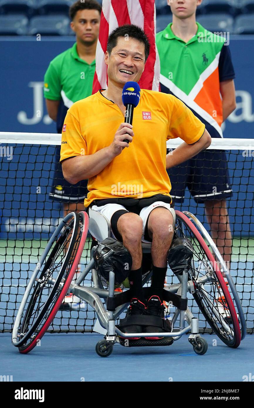 Finalist Shingo Kunieda speaks during a trophy presentation following a ...