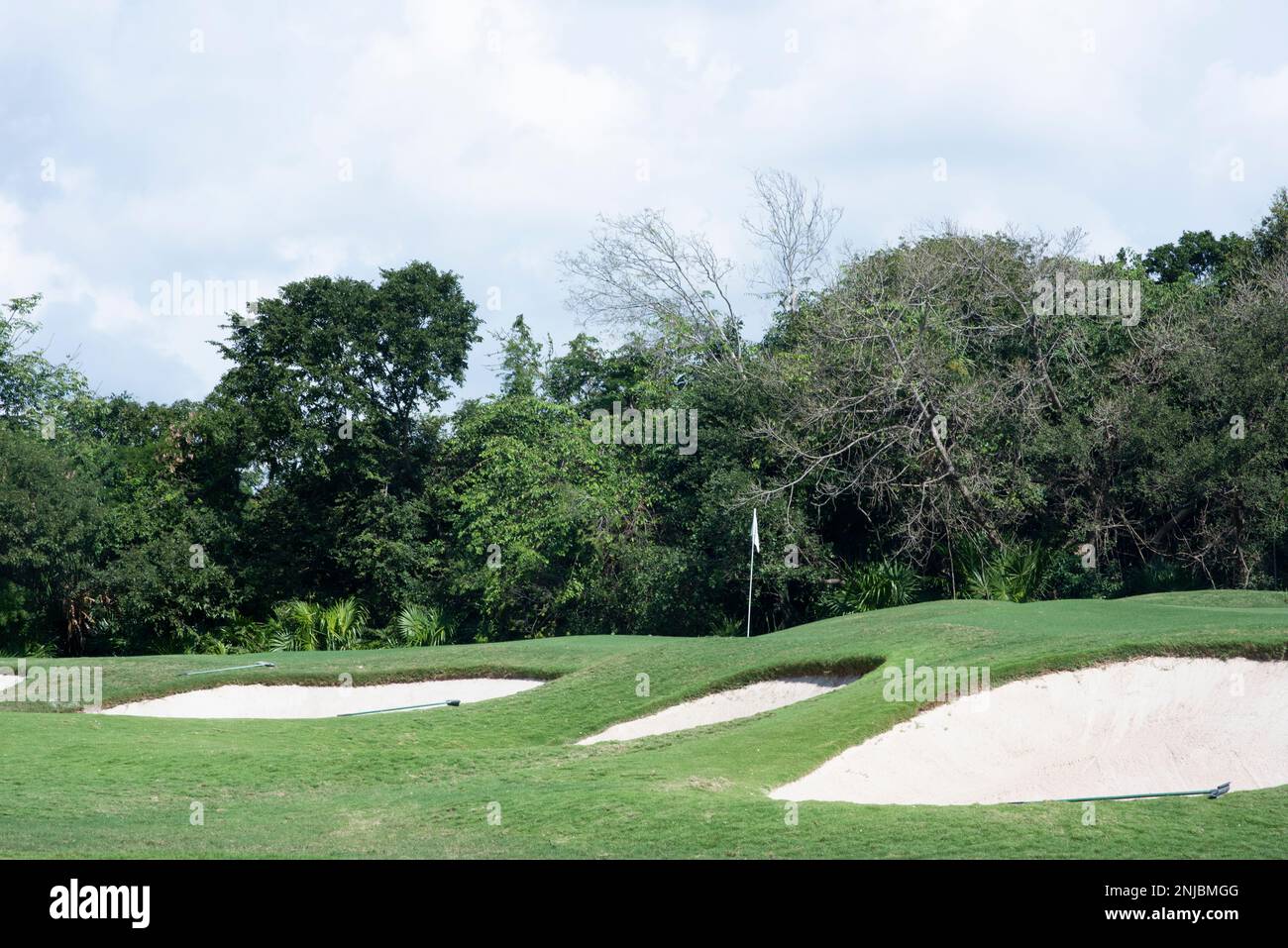 Three sand traps of a golf course protecting the green with a flag ...
