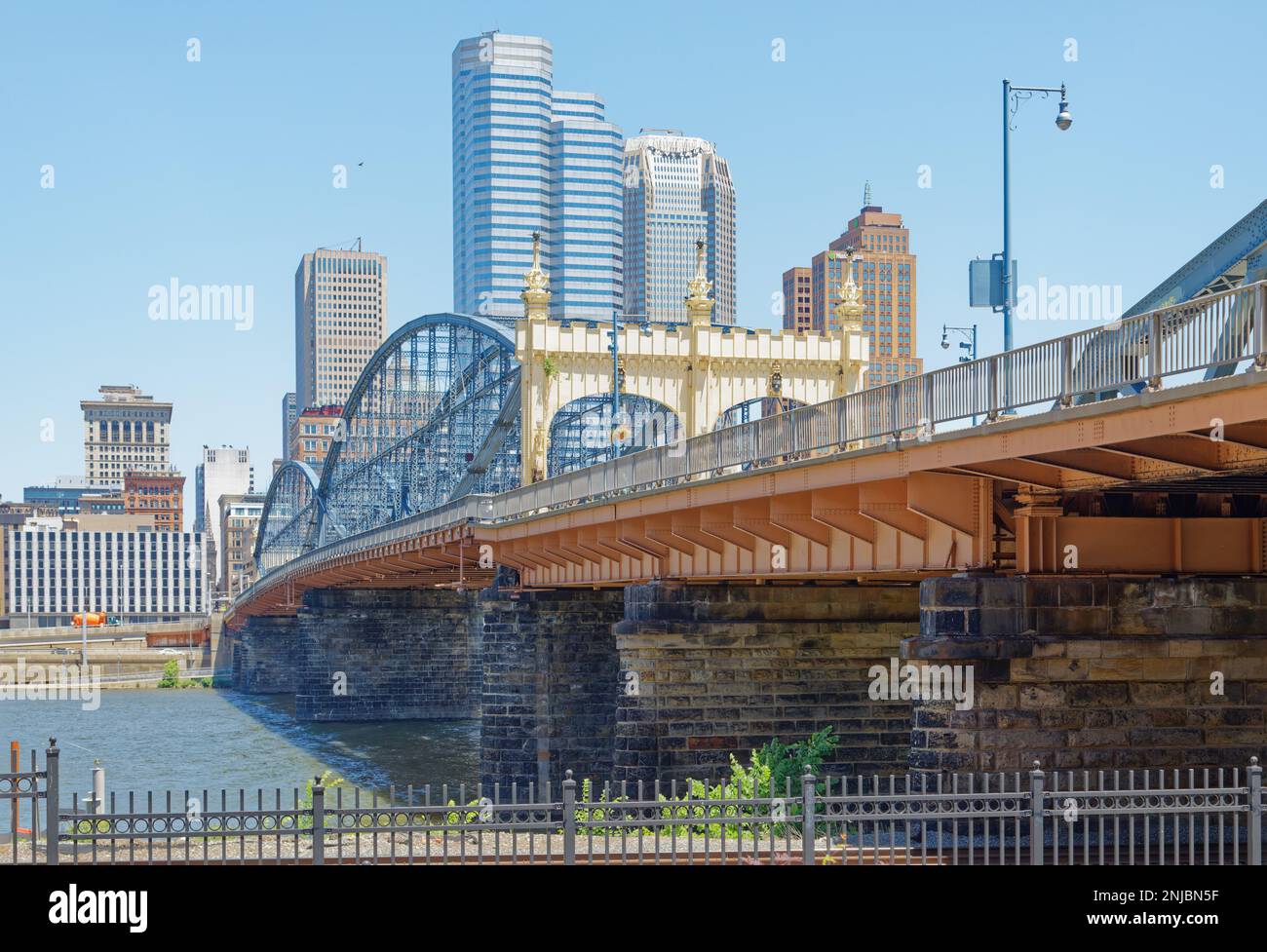 Smithfield Street Bridge, an unusual lenticular truss design, rests on ...