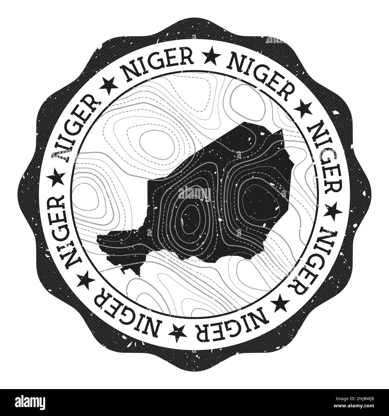 Niger outdoor stamp. Round sticker with map of country with topographic ...