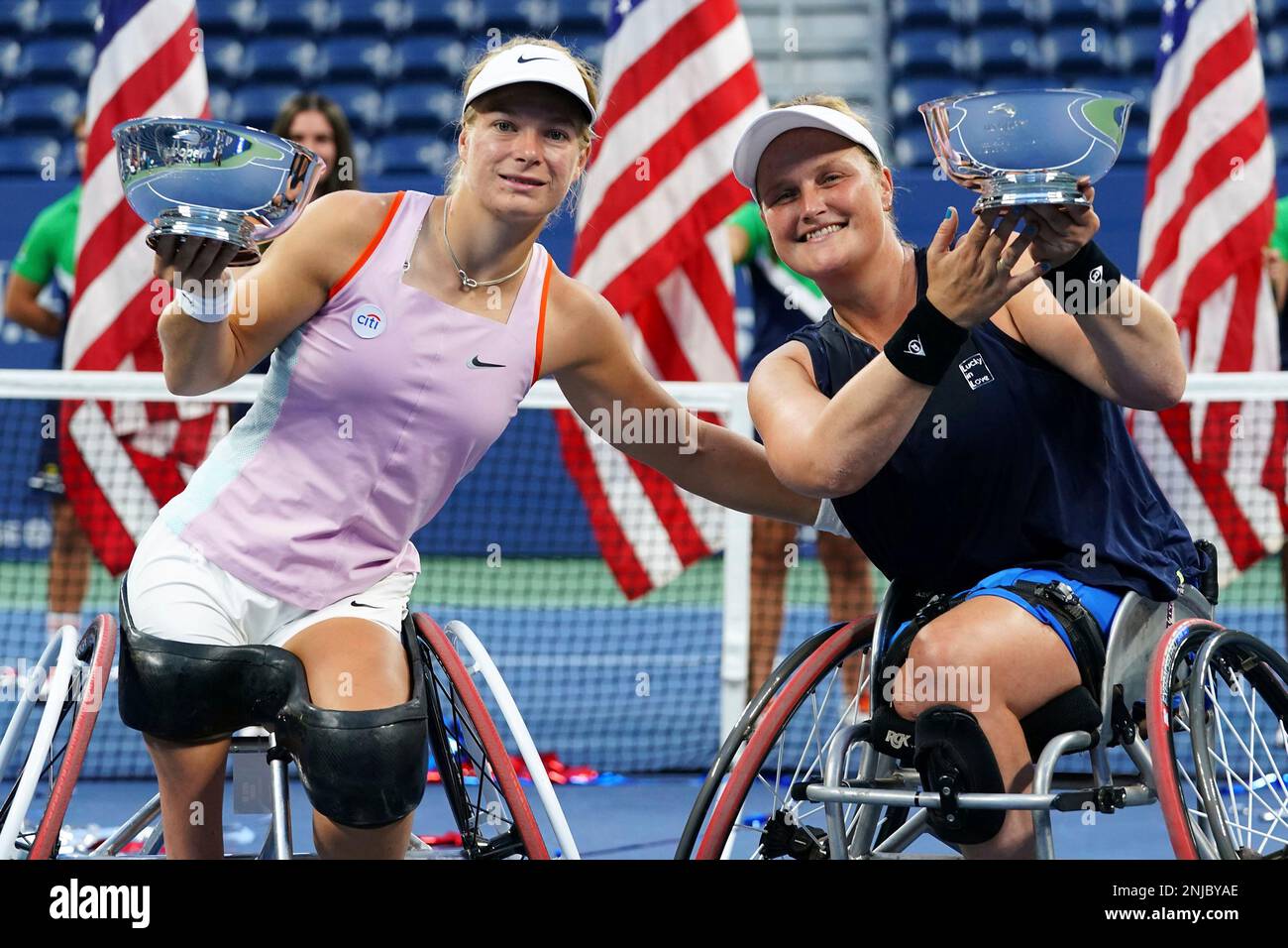 Champions Diede De Groot and Aniek Van Koot pose for a photo during a ...