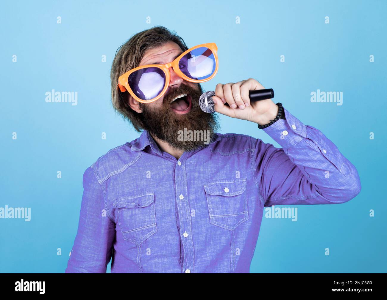 music. happy bearded man wear funny party glasses. mature event manager ...