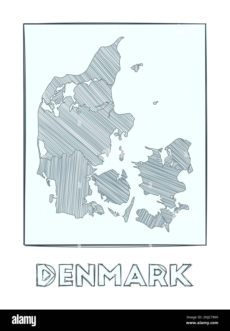 Sketch map of Denmark. Grayscale hand-drawn map of the country. Filled ...