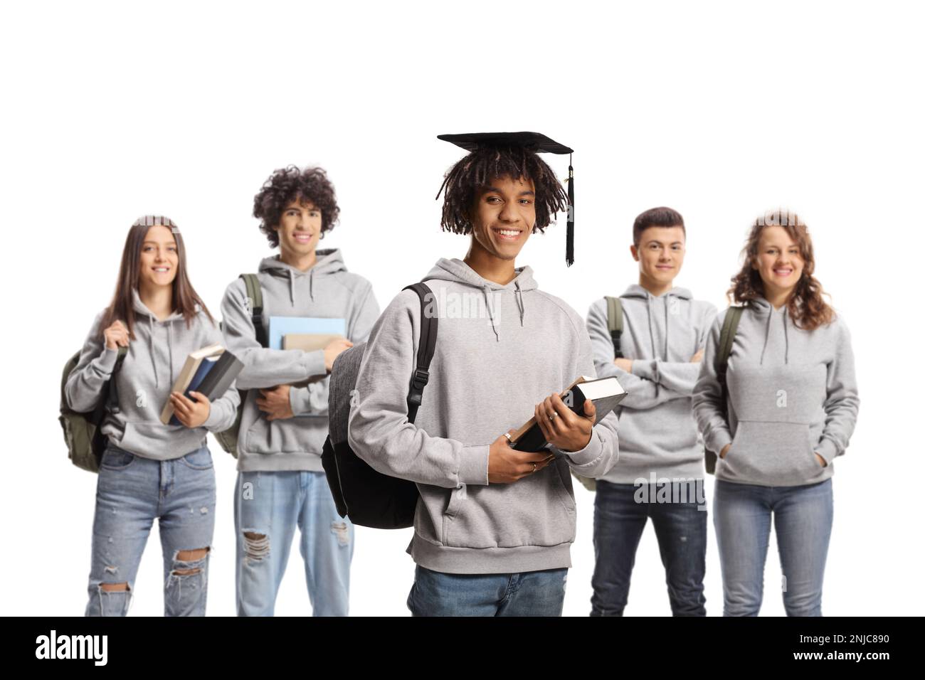 Group of graduate students posing together isolated on white background ...
